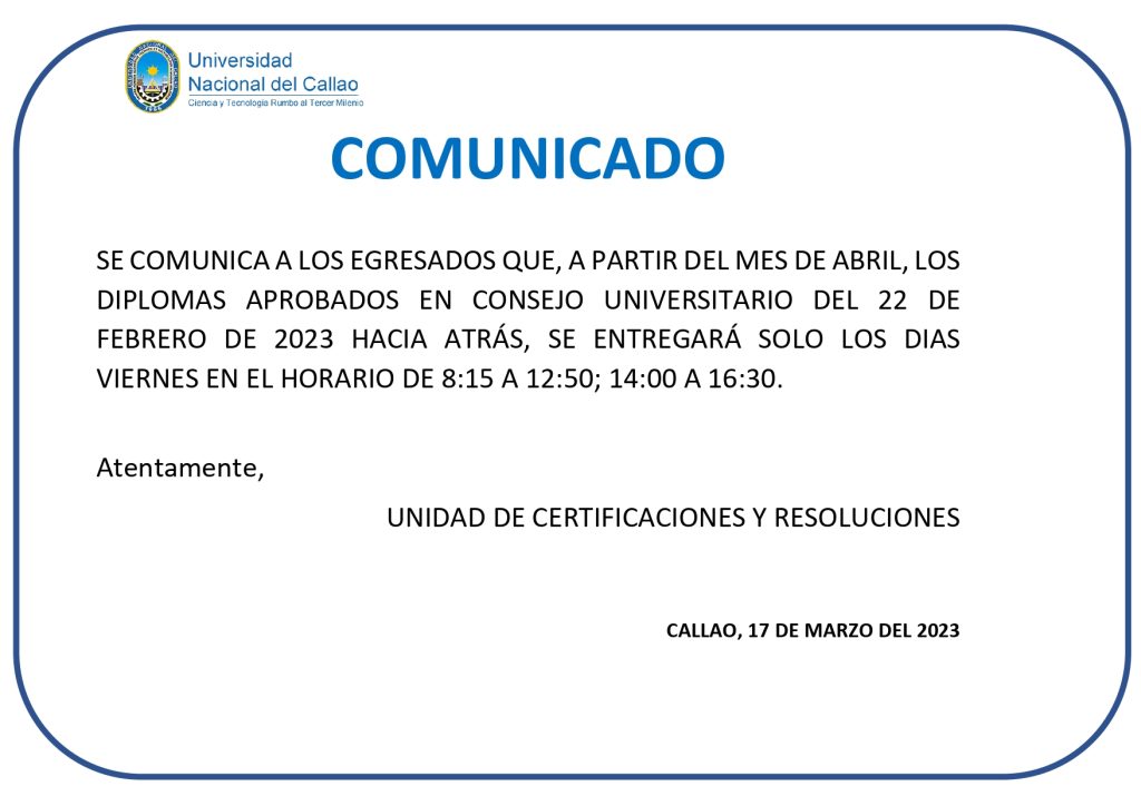 UCR: Comunicado sobre entrega de diplomas – Universidad Nacional del Callao
