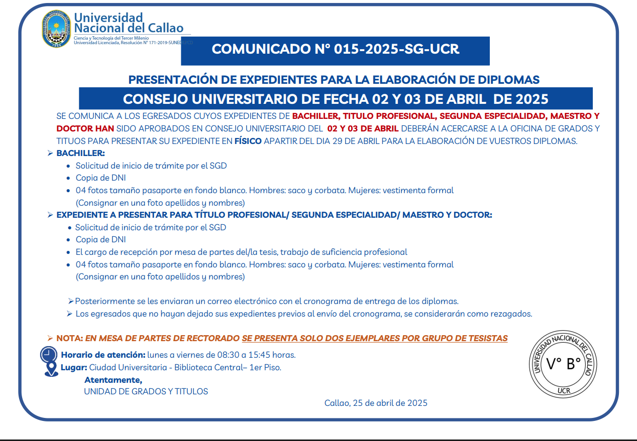COMUNICADO N°015-2025-SG-UCR- ELABORACIÓN DE DIPLOMA CU 02 Y 03 DE ...