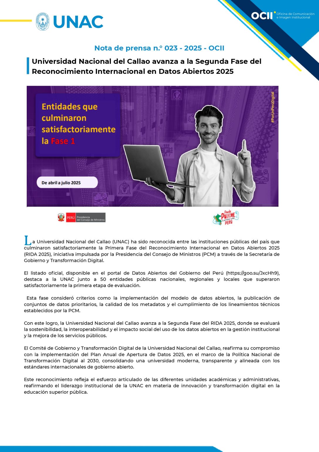 Nota de prensa N.° 023 – 2025 – OCII. – Universidad Nacional del Callao